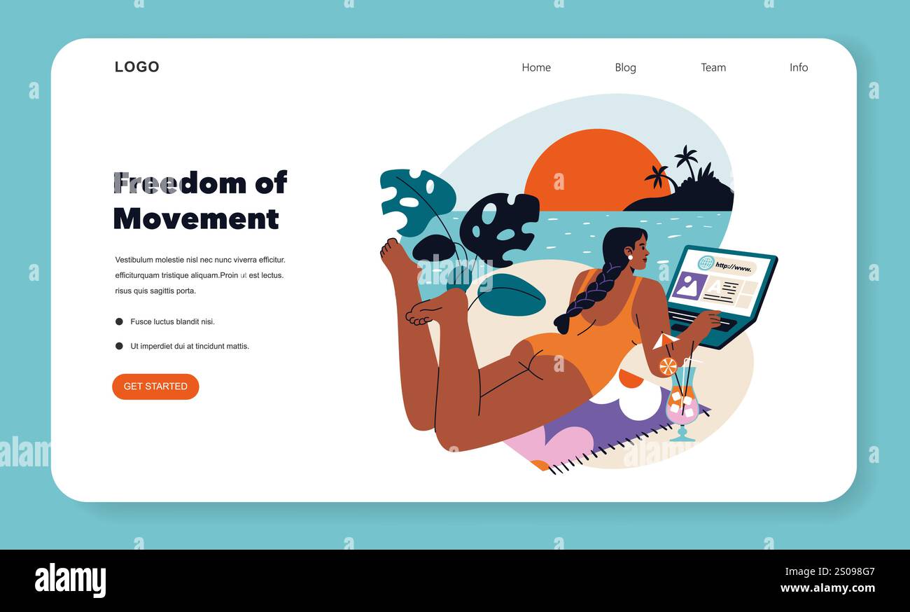 Remote Work concept. A woman works on a laptop at the beach, implying ...