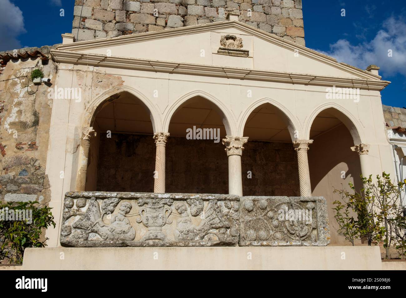 Neo-Gothic portico reusing Roman capitals in the Alcazaba of Merida ...