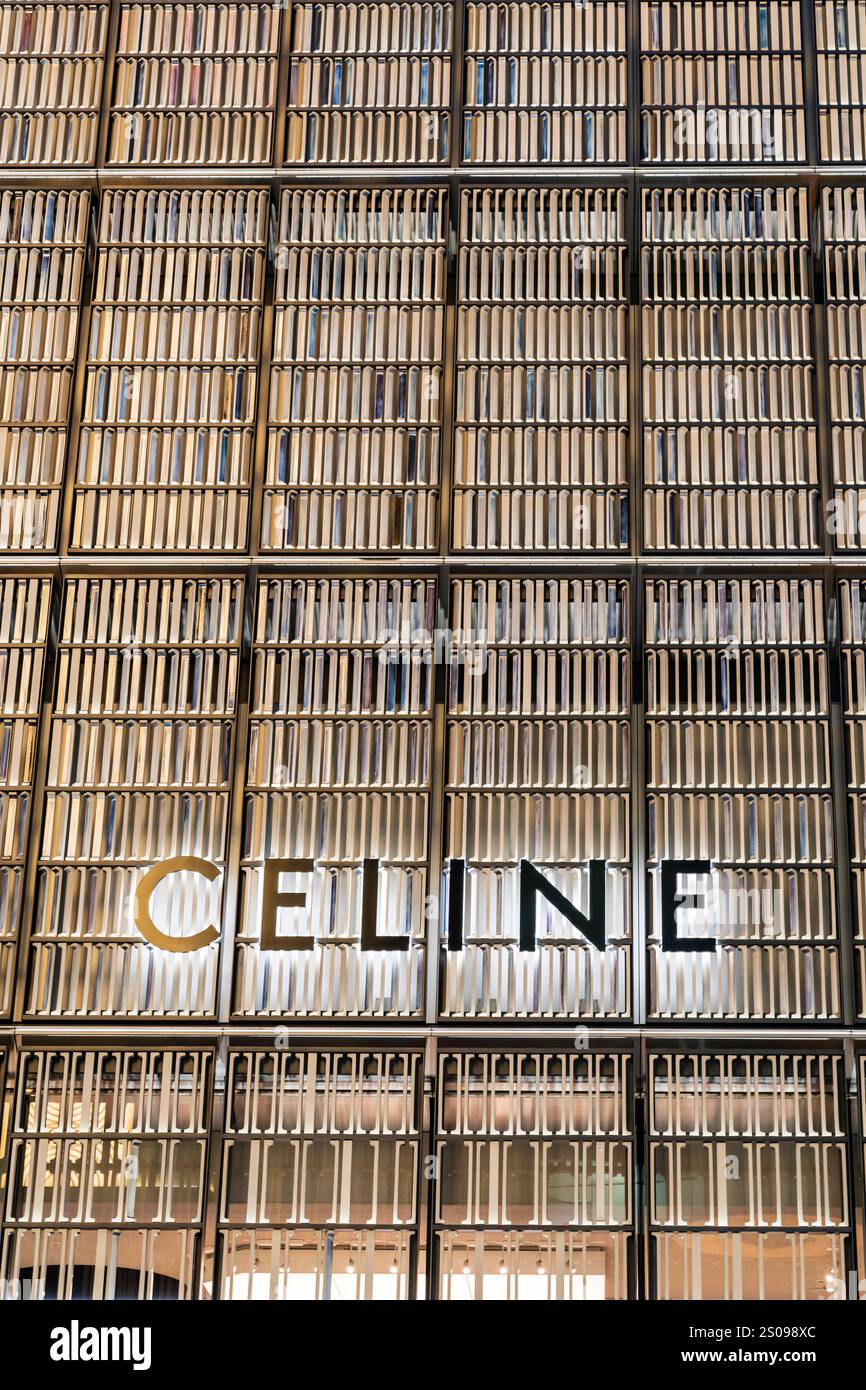 The 'Noren' facade of the Ginza Celine flagship store illuminated at night. Designed by Casper ...