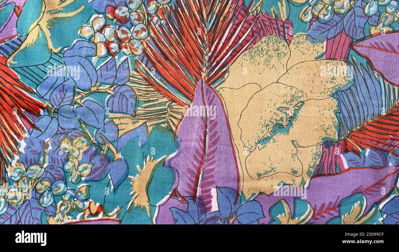 Brightly colored fabric showcases a detailed tropical floral pattern in ...