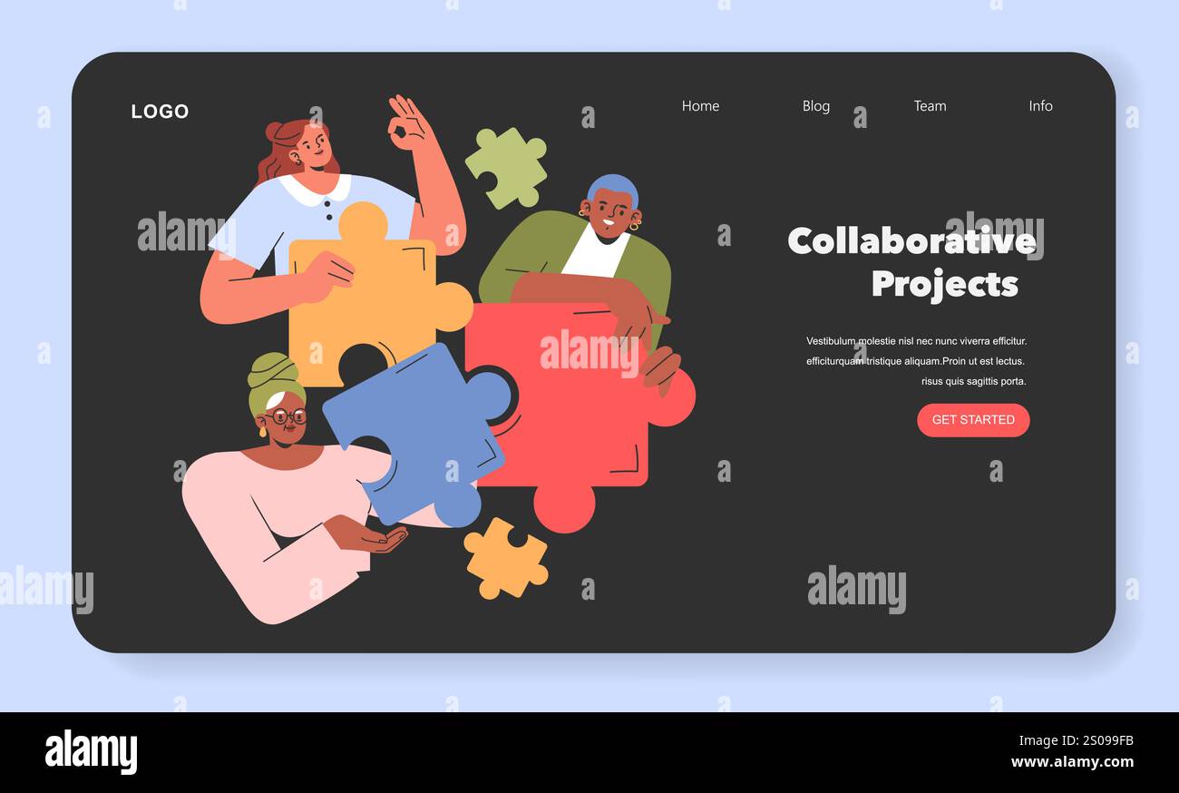Team collaboration concept. Diverse group of people assembling puzzle pieces on a website ...