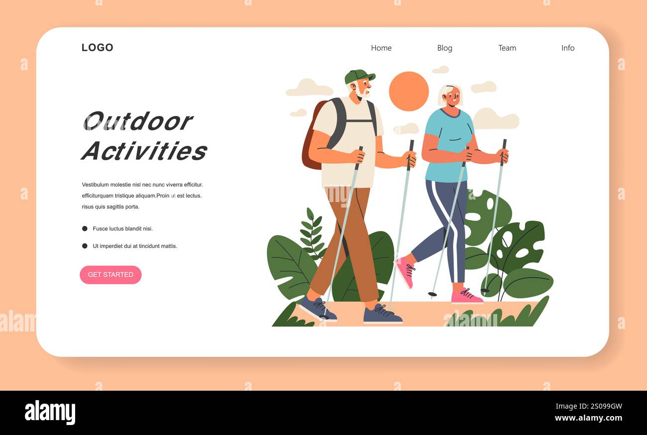 Senior couple enjoying a hike together to stay active and combat loneliness. Illustration of ...