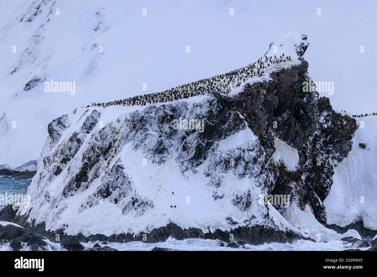 a steep sided rocky promontory coated with snow has a smooth snowy ...