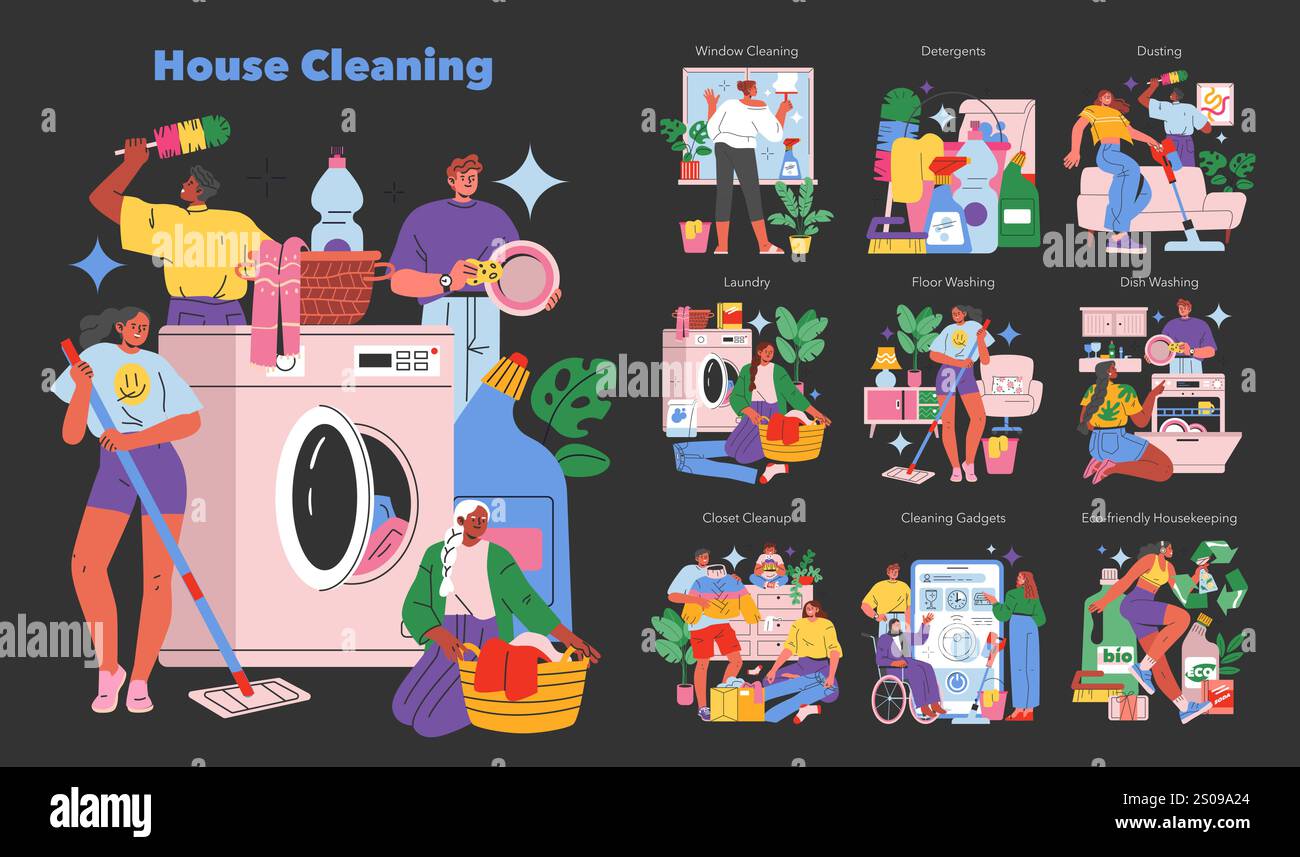 House Cleaning set. Various domestic chores from laundry to window ...