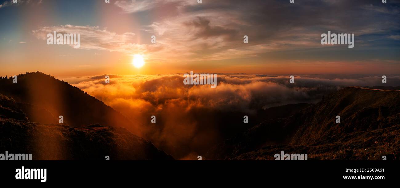Volcanic caldera of Sete Cidades, sunset at Sao Miguel island, travel ...
