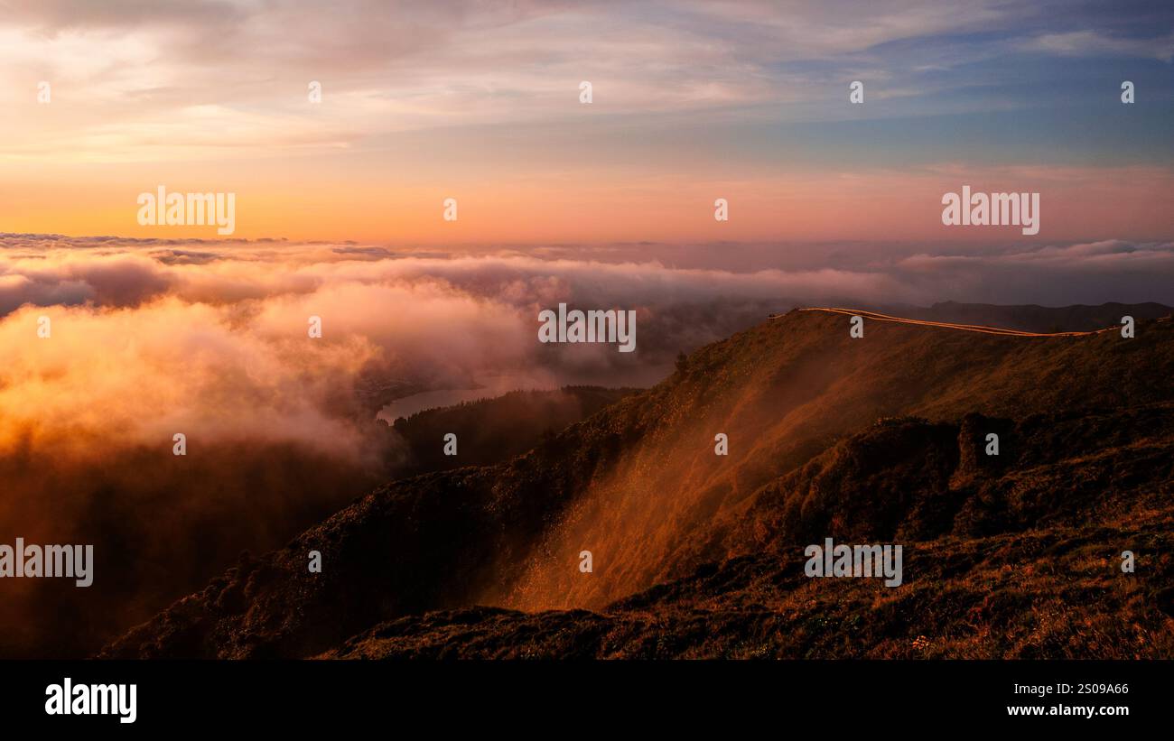 Volcanic caldera of Sete Cidades, sunset at Sao Miguel island, travel ...