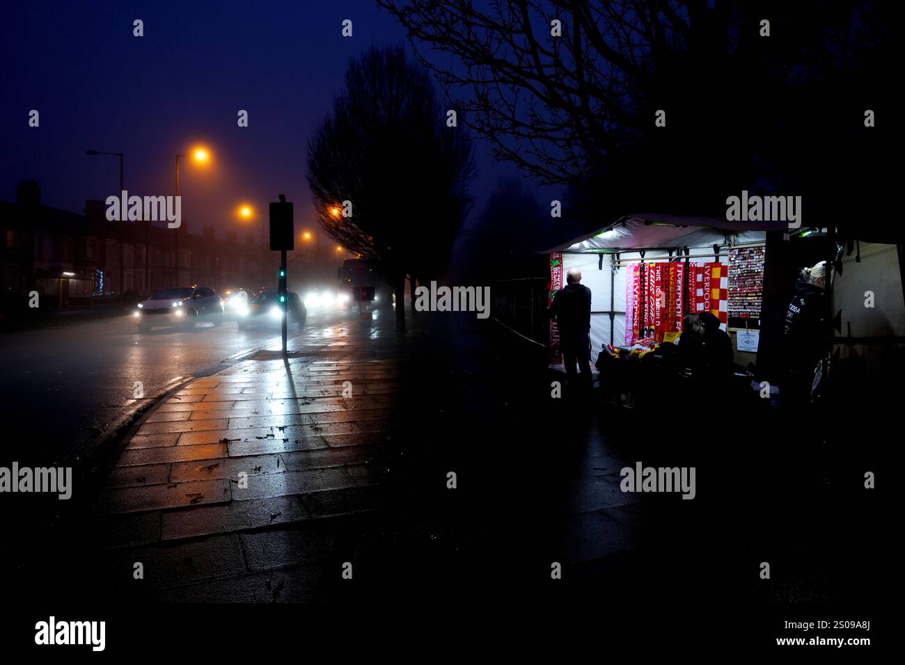 Misty weather and fog outside Anfield, Liverpool. Boxing Day will be ...