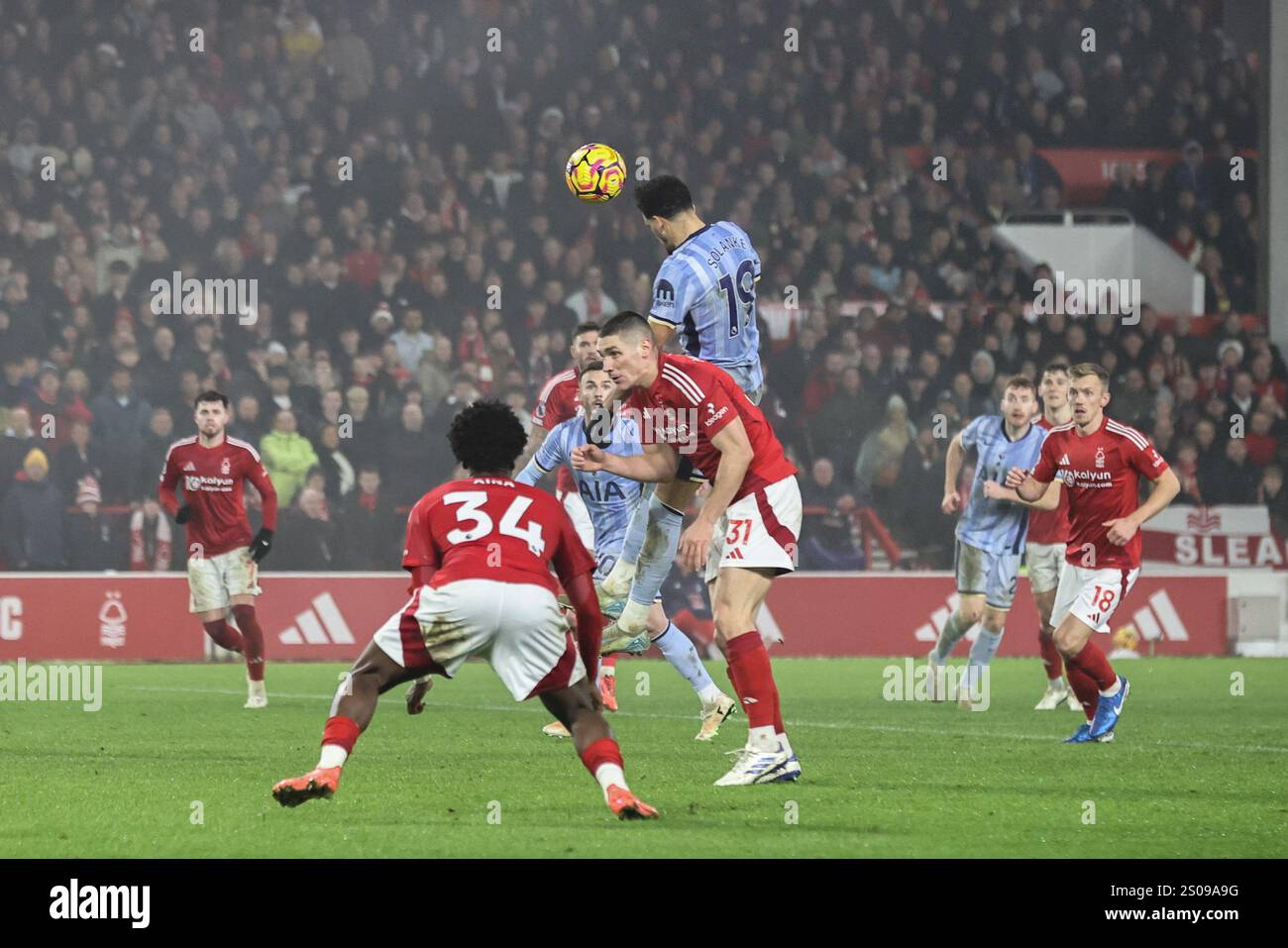 Dominic Solanke of Tottenham Hotspur heads the ball wide of goal from a ...