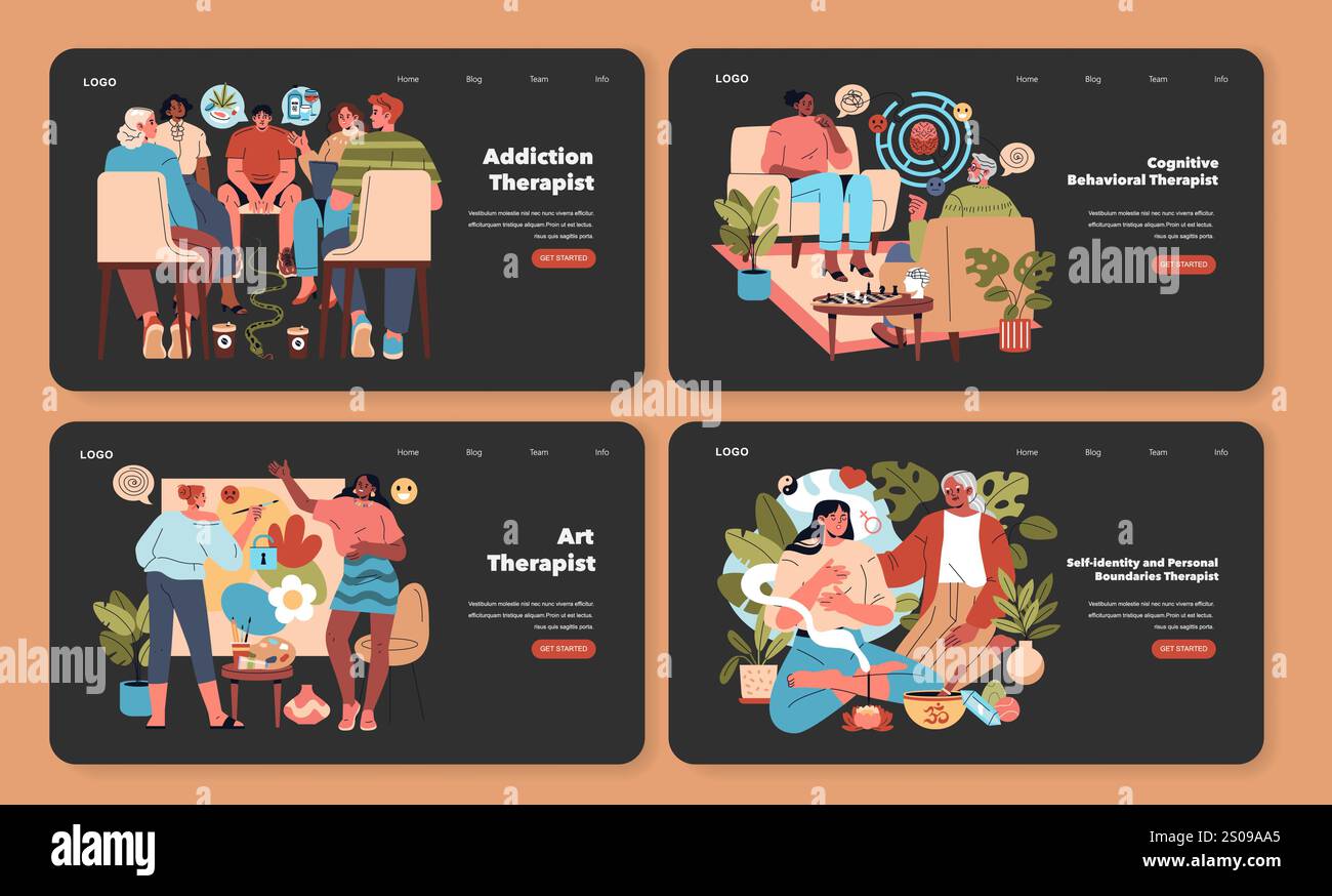 Therapy specializations set. Different therapists engaging with clients in various therapeutic ...