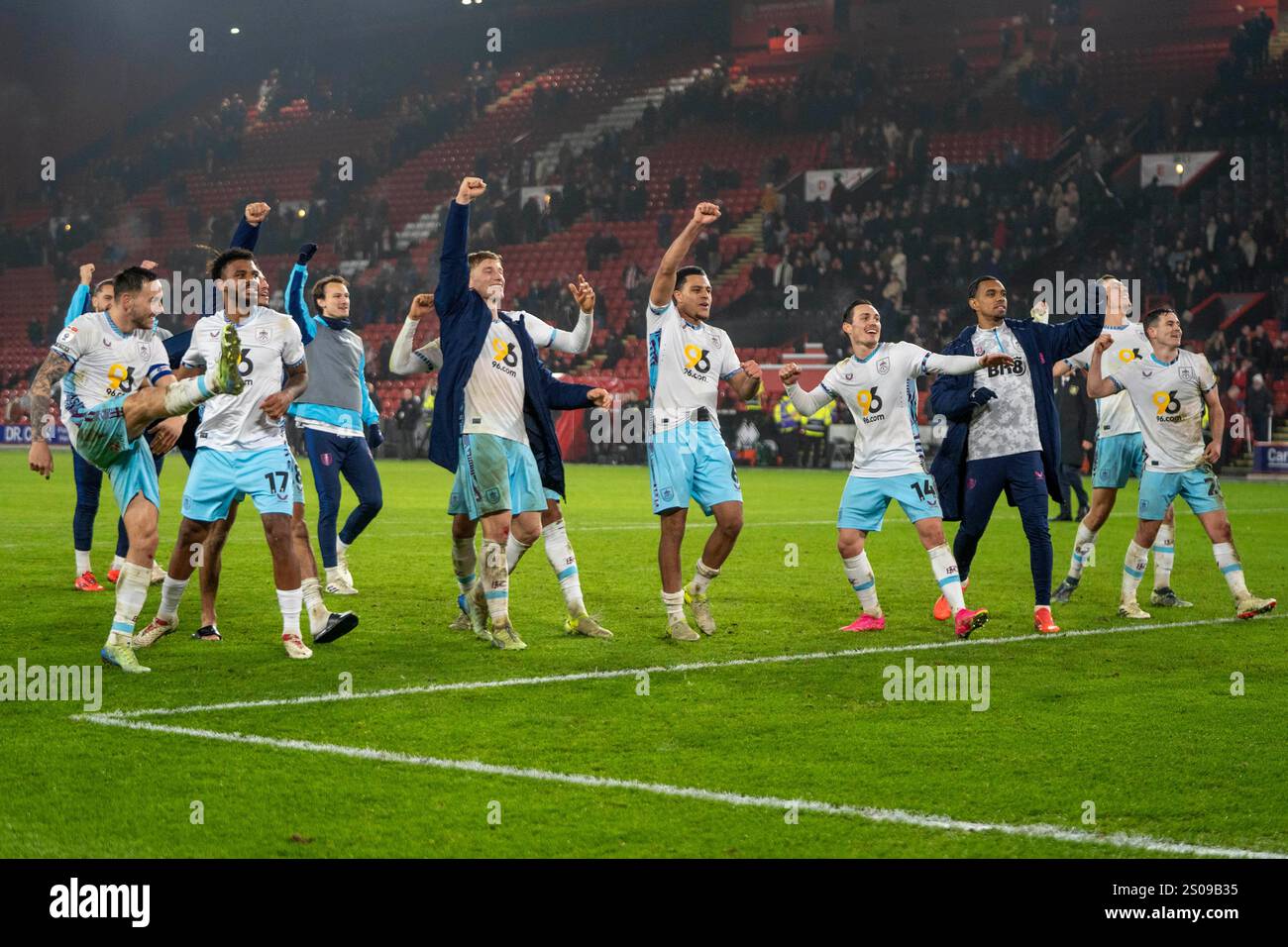 Burnley FC squad celebrate their win 0-2 against Sheffield United after ...