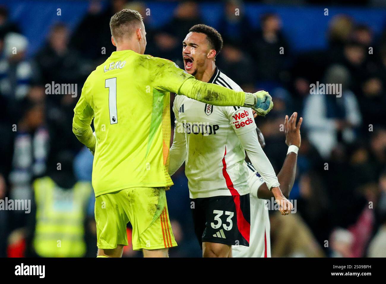 Bernd Leno and Antonee Robinson of Fulham celebrate after the teams victory following the ...
