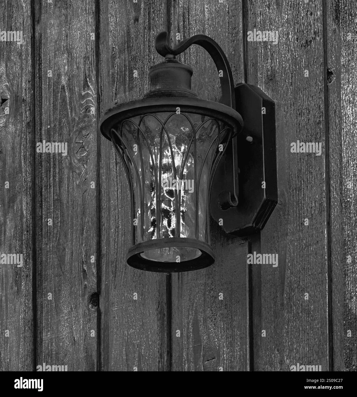 Exterior lamp light at dusk has glass globe showing a fanciful metal ...