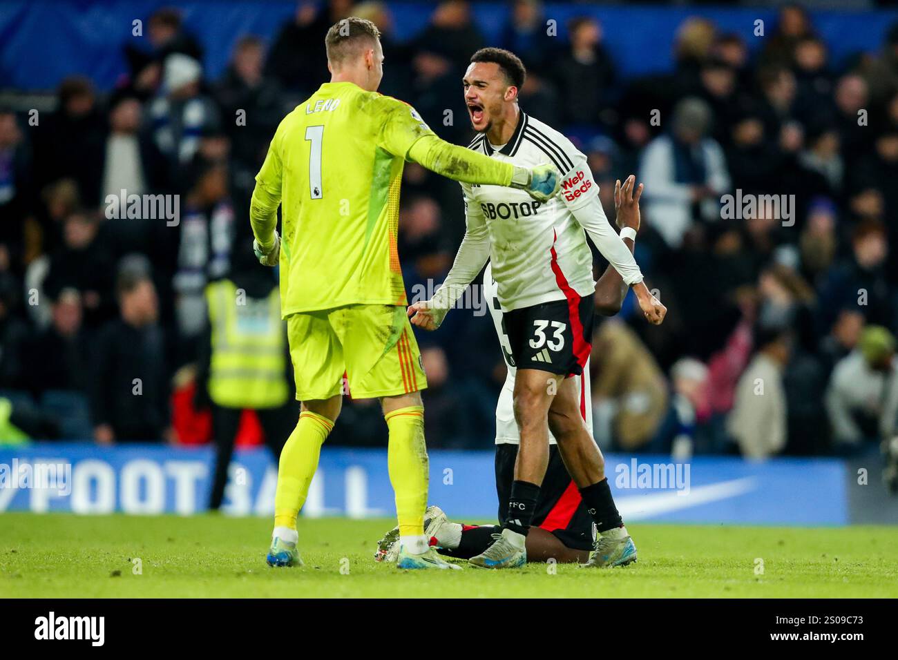 London, UK. 26th Dec, 2024. Bernd Leno and Antonee Robinson of Fulham celebrate after the teams ...