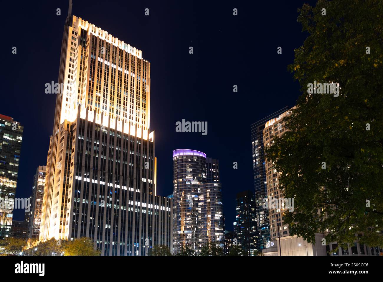 Business city. Night cityscape of Chicago skyscraper building. Chicago ...