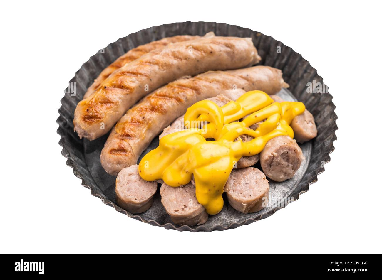 Grilled Bratwurst Sausages with cheese sauce in plate isolated on white ...