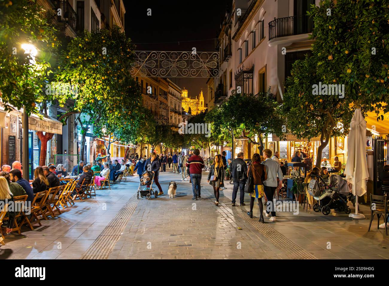 Night in the Barrio Santa Cruz district of Seville Spain as diners ...