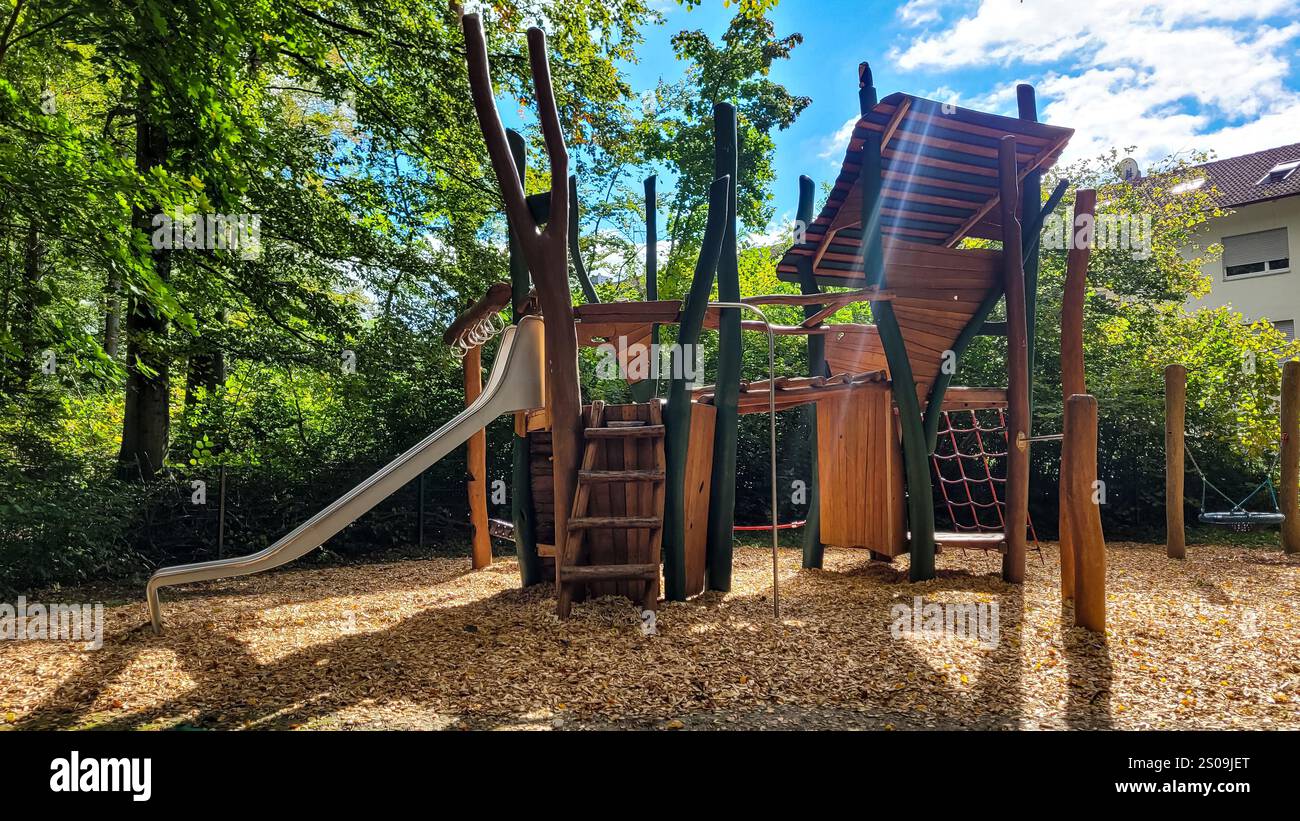Playground for children made of natural materials. Climbing castle ...
