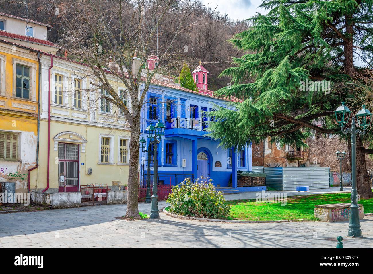 Colorful neoclassical buildings in Efedron Axiomatikon Square, in ...