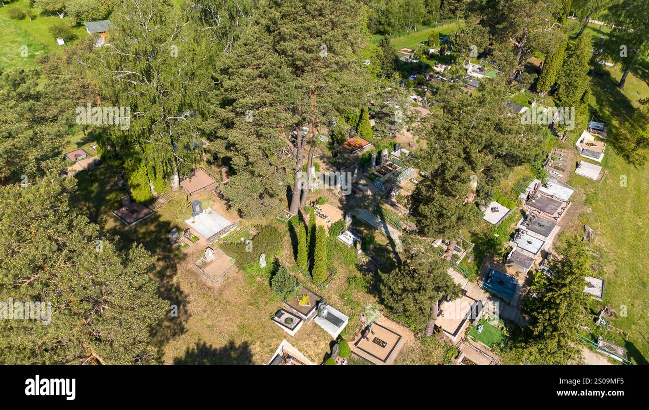 Aerial view of a serene cemetery surrounded by tall trees and greenery ...