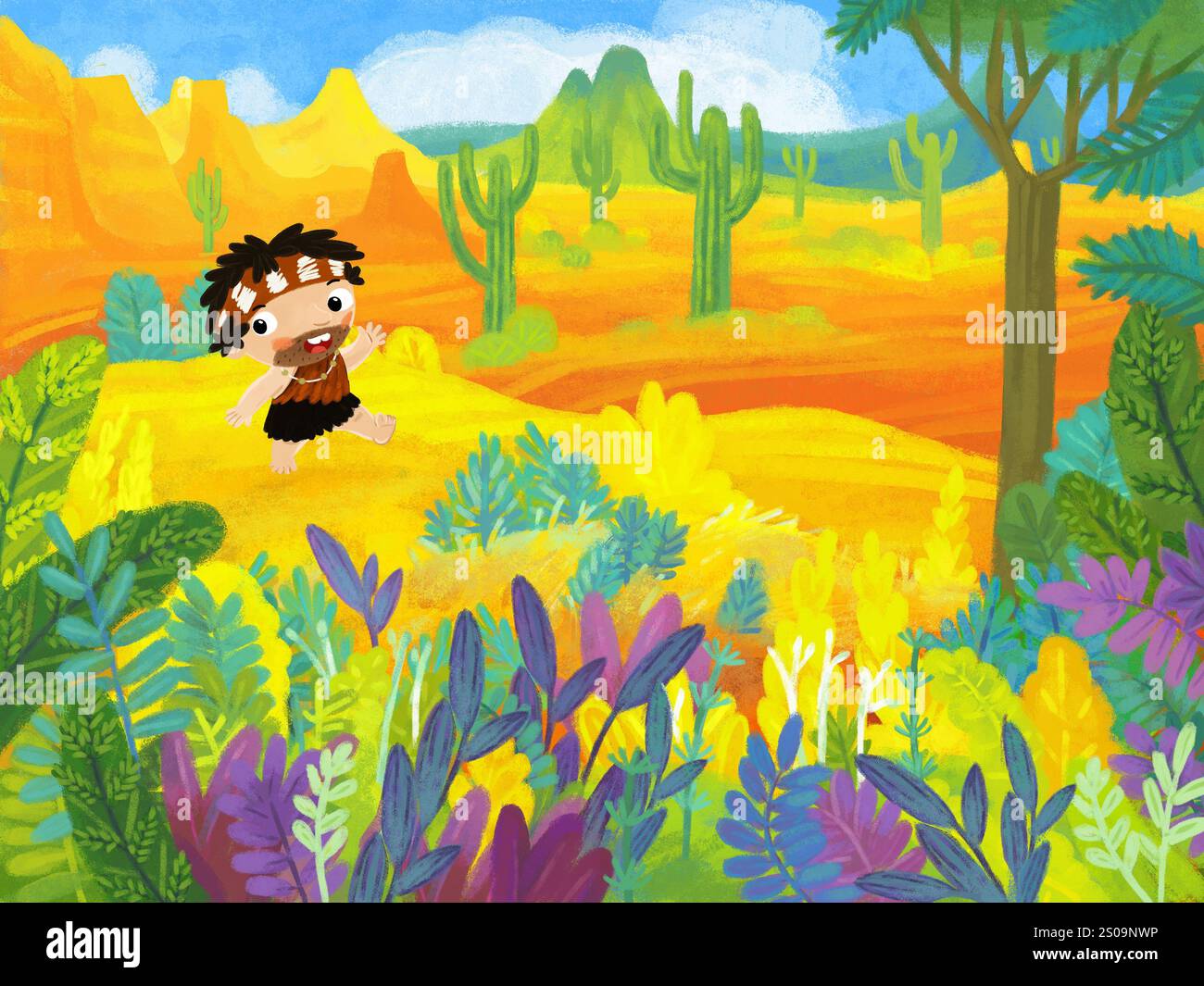 cartoon scene witn caveman in the jungle stone age happy illustration ...
