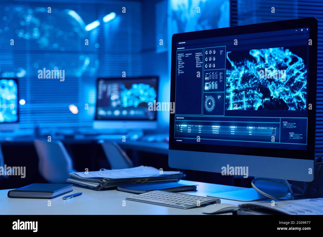 Computer monitor with camera broadcast on screen standing on workplace ...