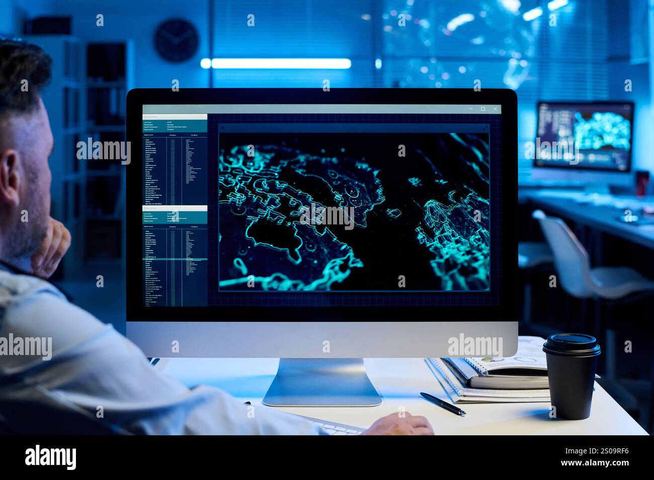 Focus on screen of computer with graphic information standing on ...