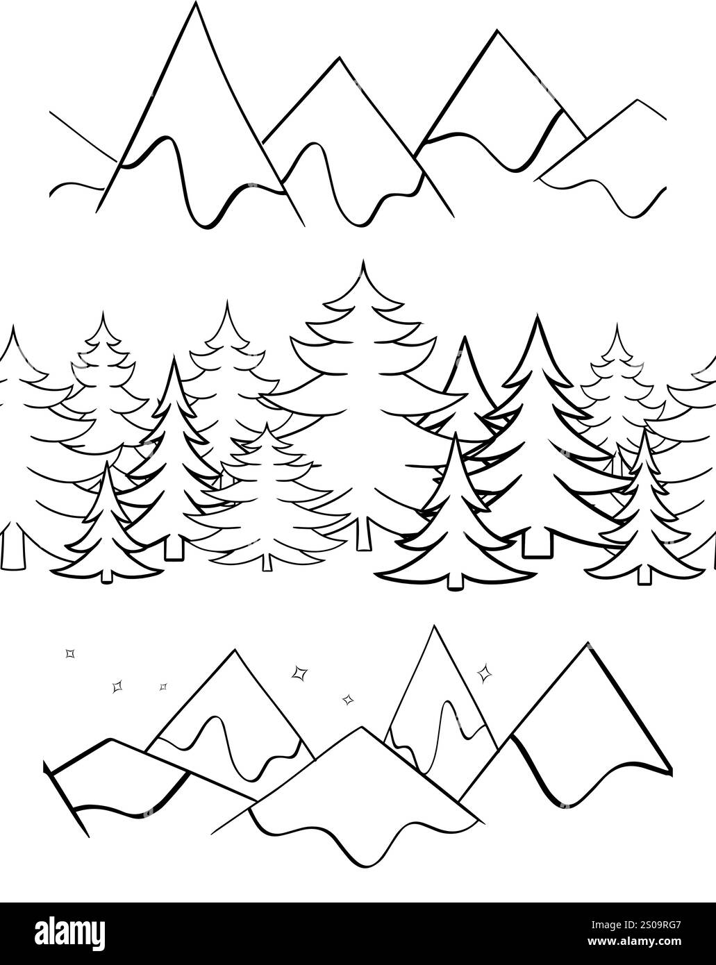 Vector winter graphic line seamless border set background, forest ...