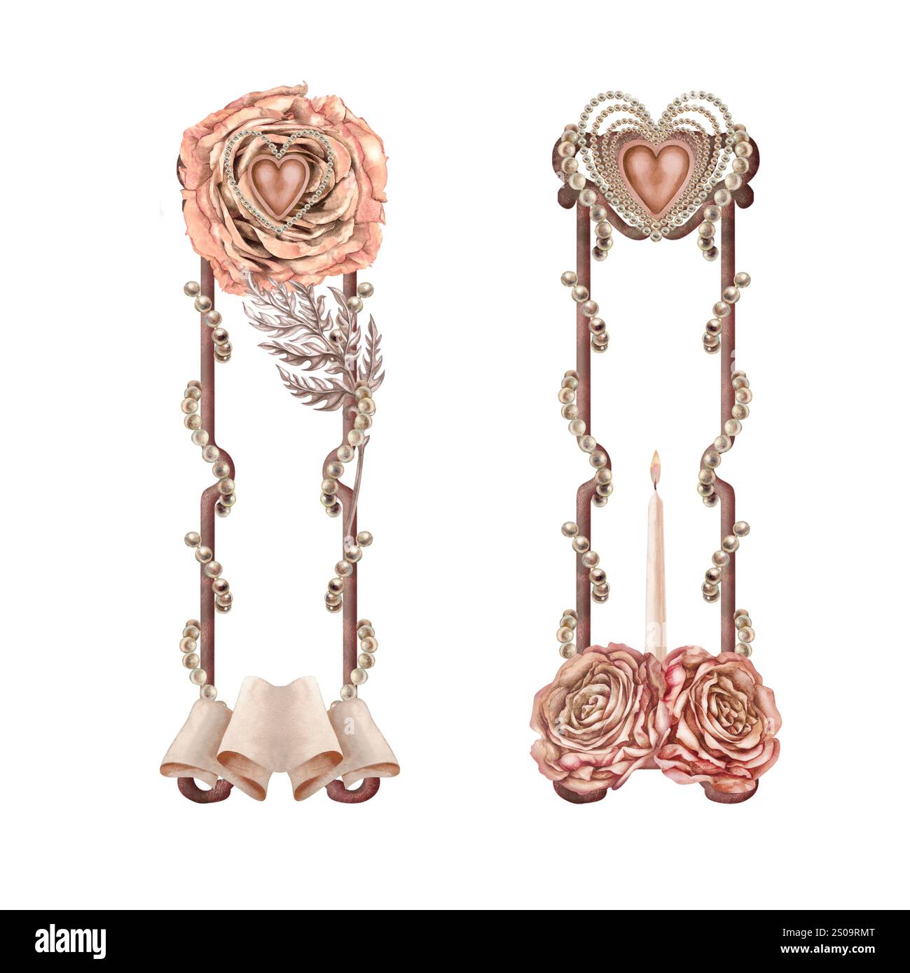 Elements for a frame, border with botanical roses, a pearl heart, in a ...