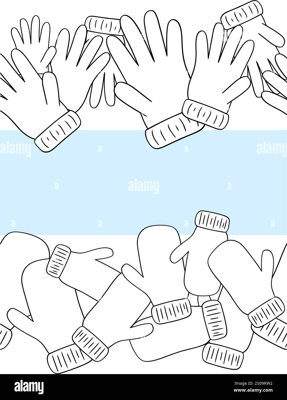 Seamless border frame of winter gloves and mittens. Graphic line Doodle ...