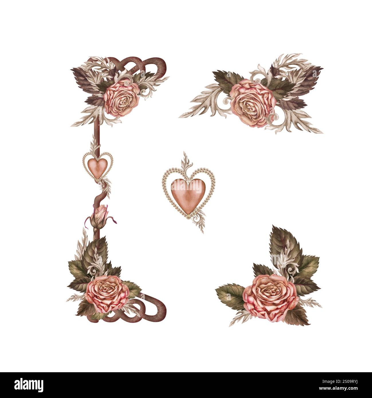 Elements for a frame, border with botanical roses, a pearl heart, in a ...