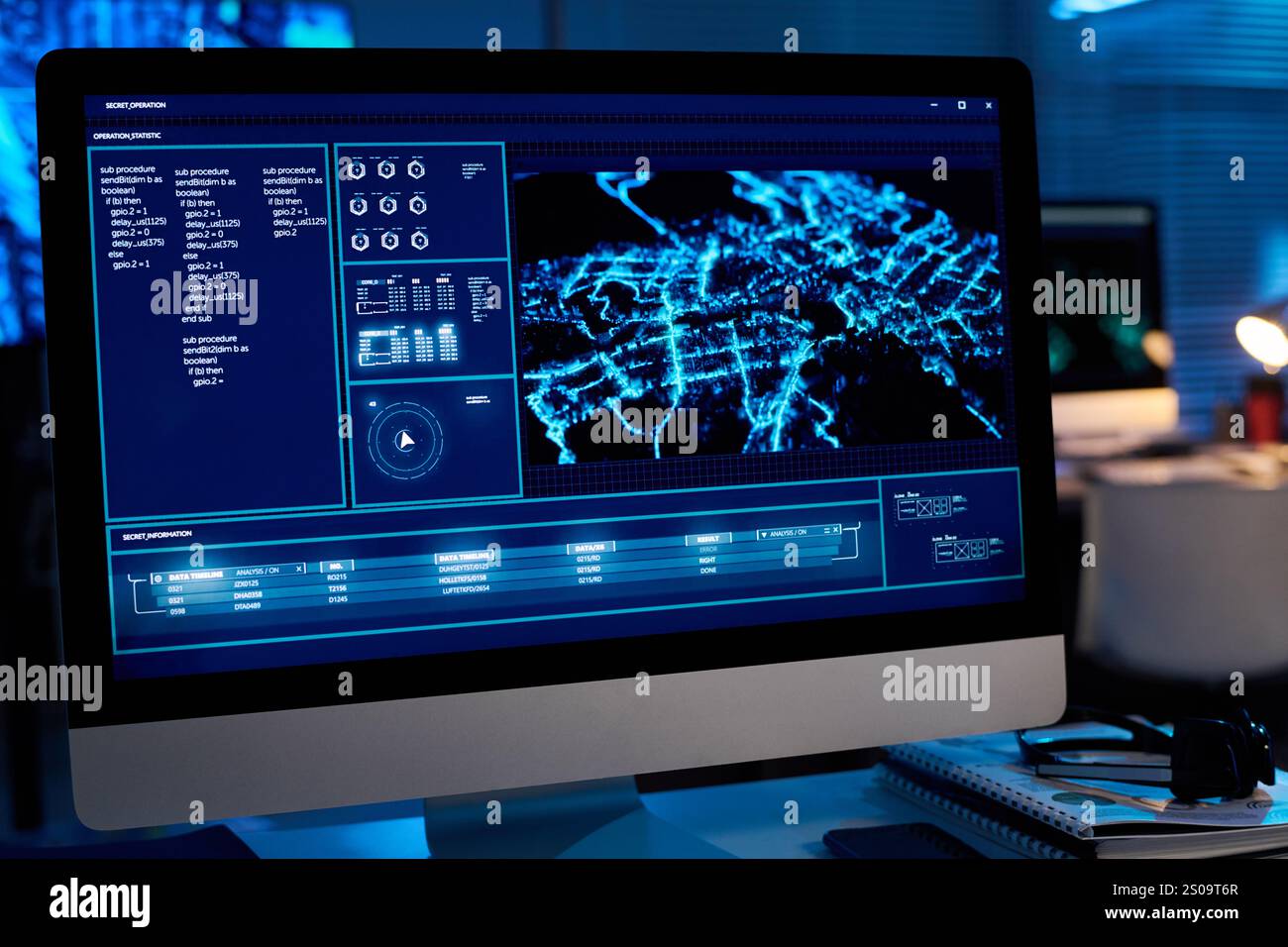 Desktop computer with army location data on screen standing on ...