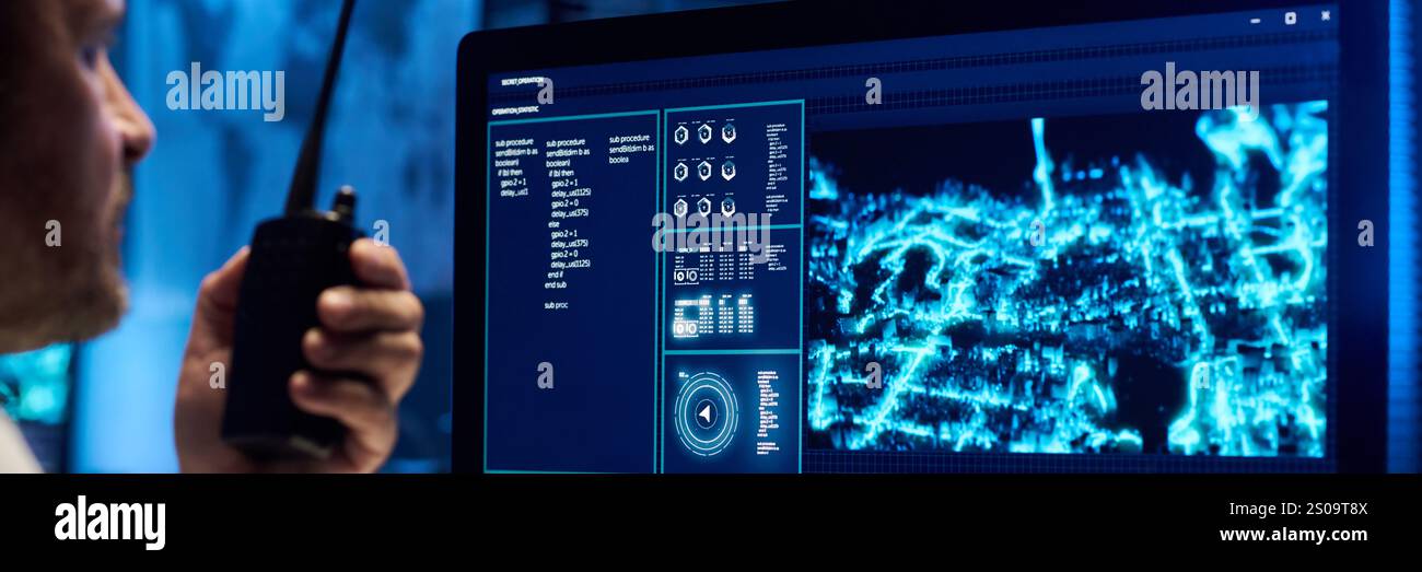 Header of computer monitor with army location on screen standing in ...