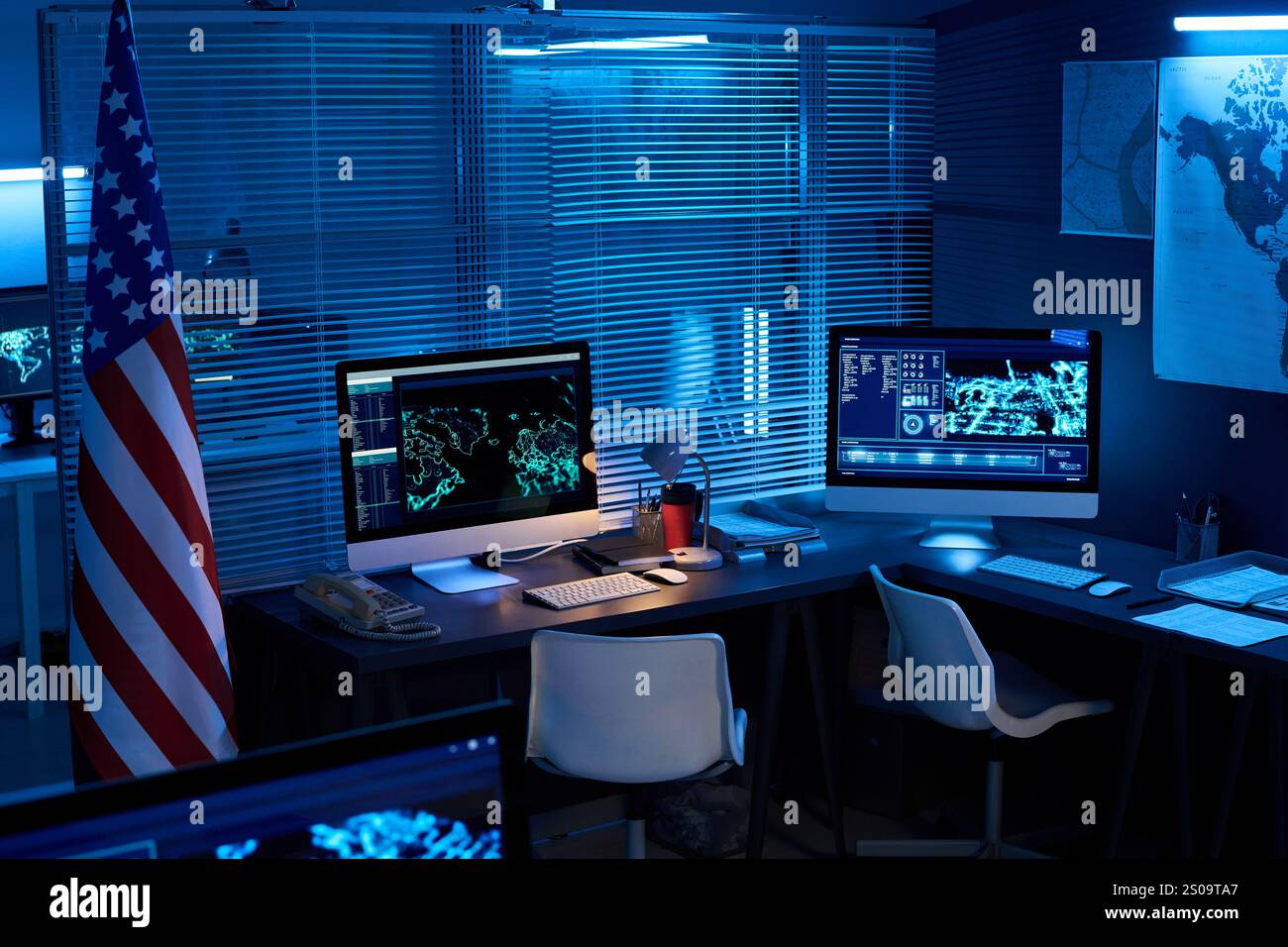 Part of spacious military command center with workplaces of officers ...