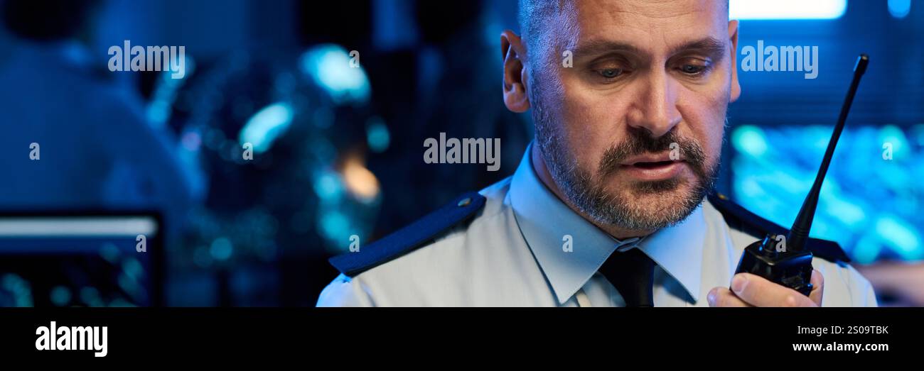 Header of officer or military command center worker with walkie-talkie ...