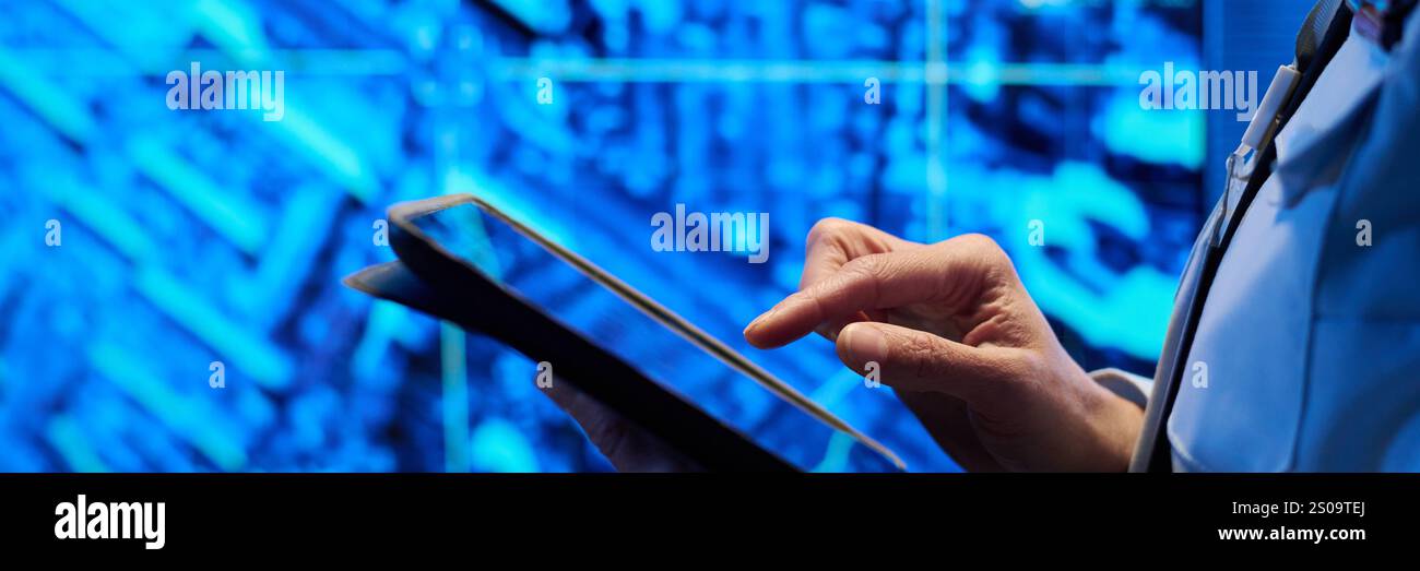 Header of hand of female officer in uniform pointing at screen of ...