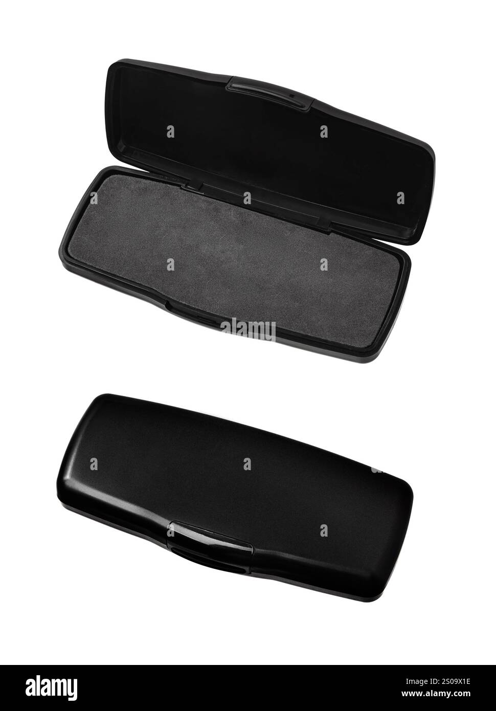 A sleek black eyeglass case, shown both open and closed, with a soft ...