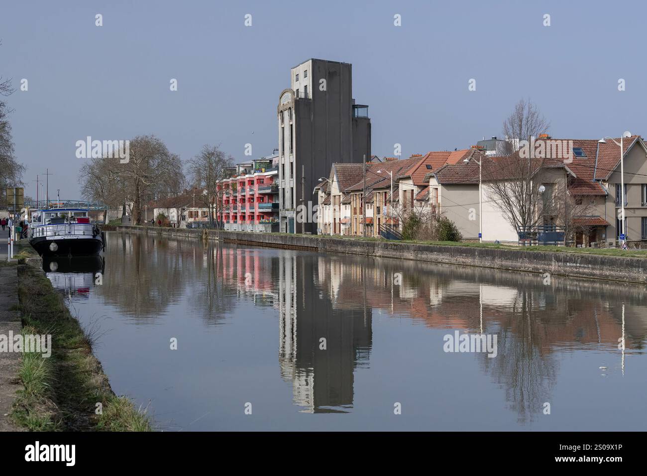 Nancy, France - View of the Marne-Rhine Canal with an old grain silo ...