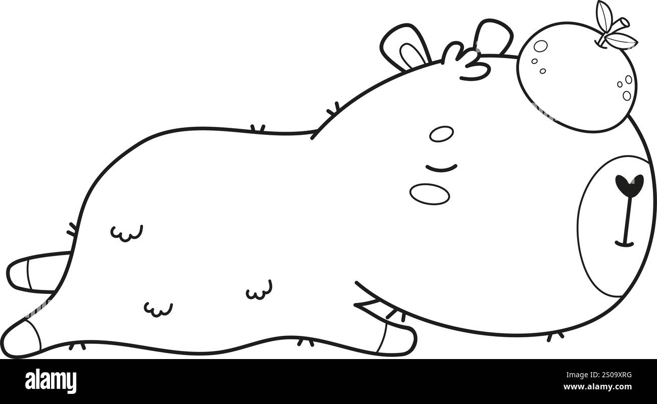 Outline relax sleeping Capybara with tangerine. Funny calm cartoon ...