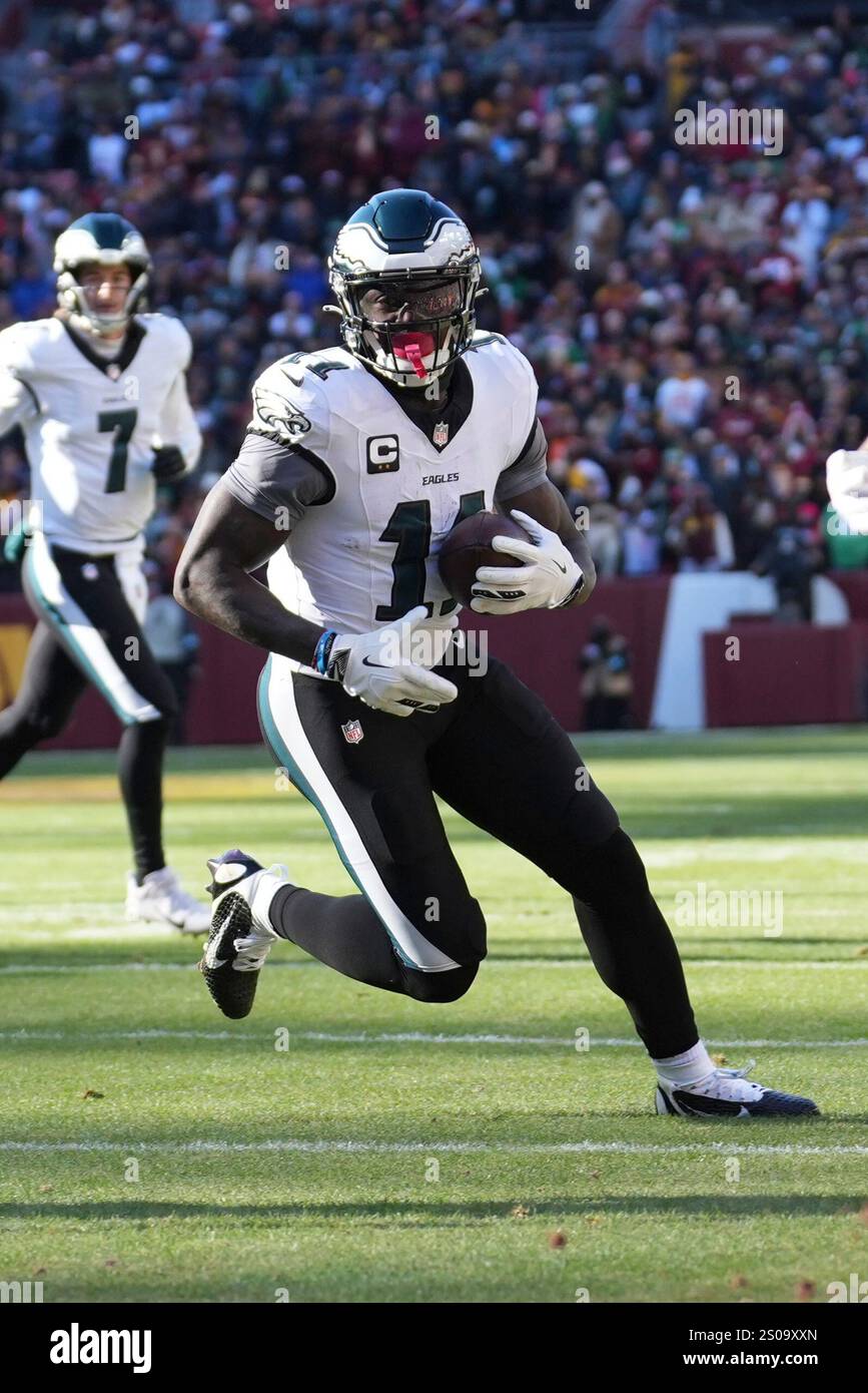 Philadelphia Eagles wide receiver A.J. Brown (11) runs after a catch during an NFL football game ...