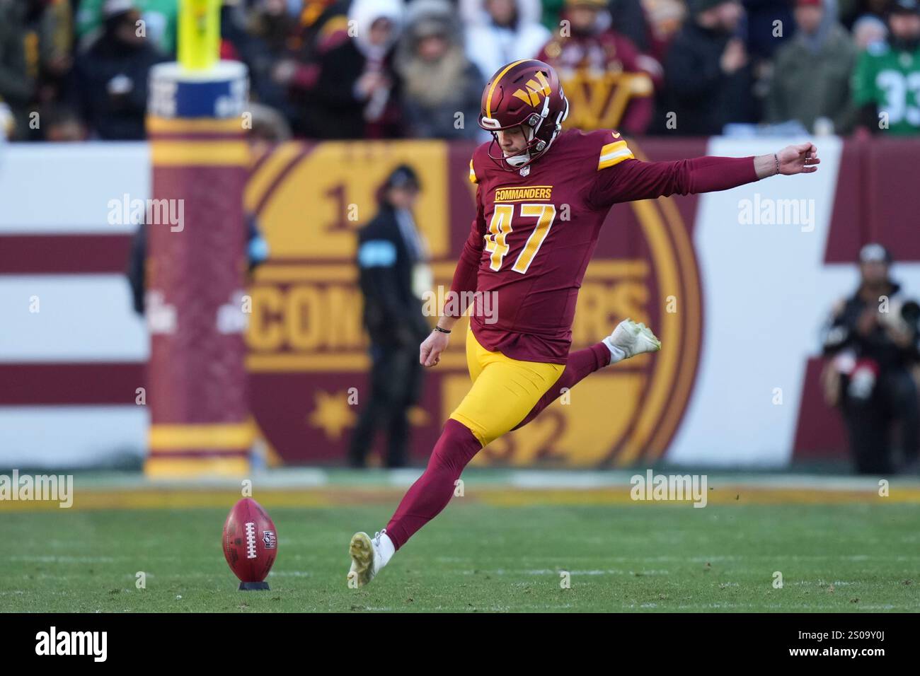 Washington Commanders place kicker Zane Gonzalez (47) kicks off during ...