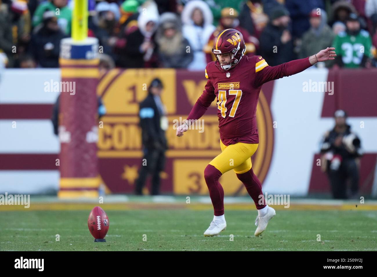 Washington Commanders place kicker Zane Gonzalez (47) kicks off during ...