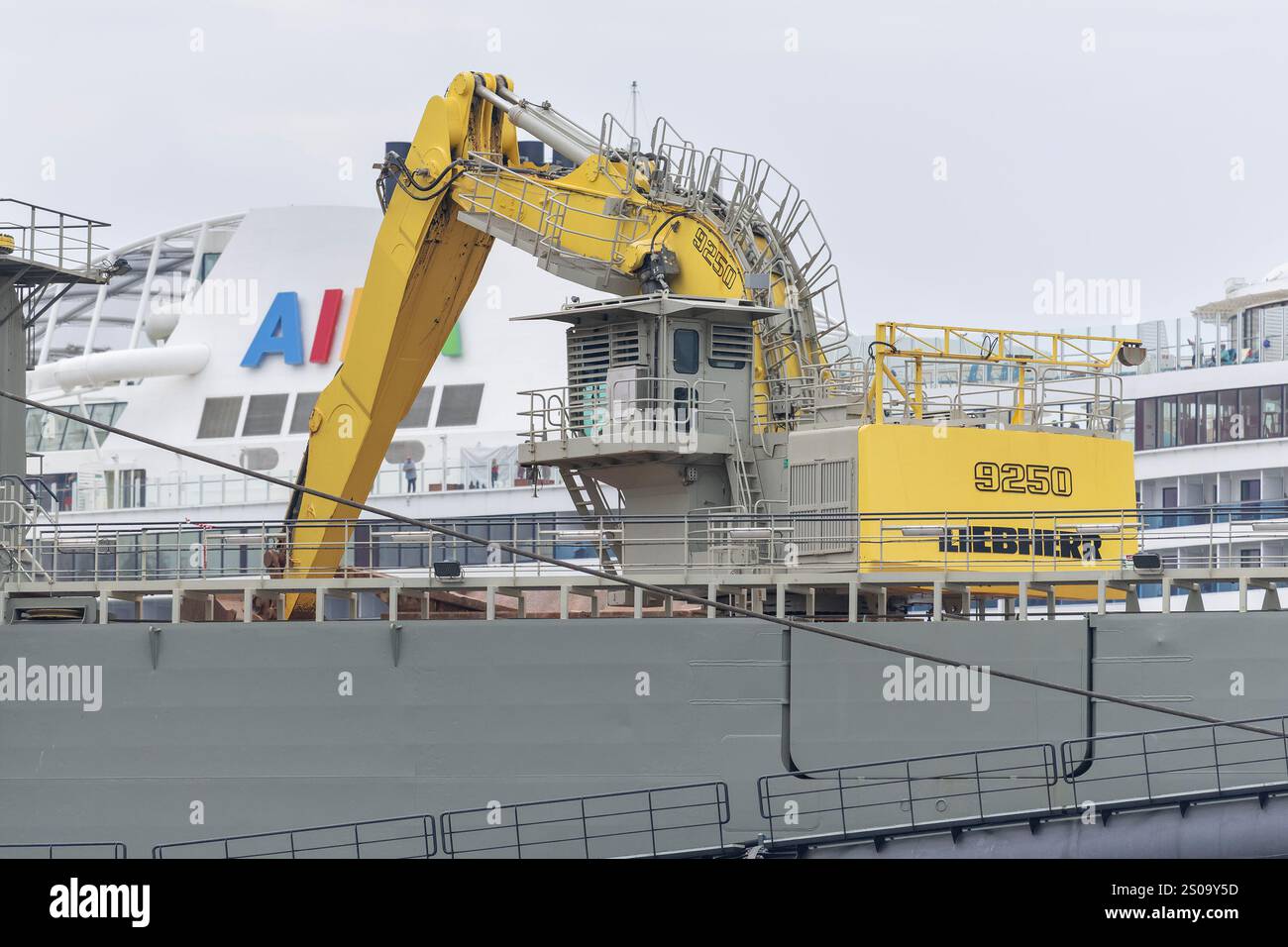 Le Havre, France - View on an excavator Liebherr P 9250 on the pipe ...