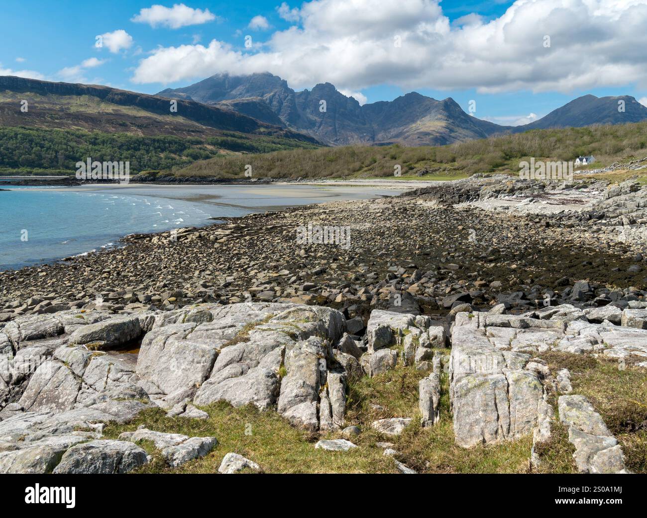 Rocky Torrin beach with Loch Slapin and Black Cuillin mountains ...