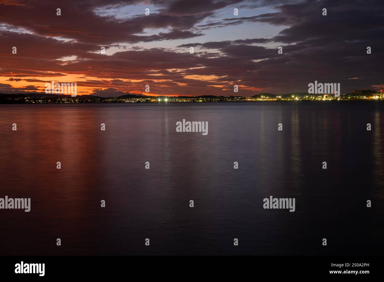 View of the Santander bay at twilight from Pedreña, Cantabria, Spain ...