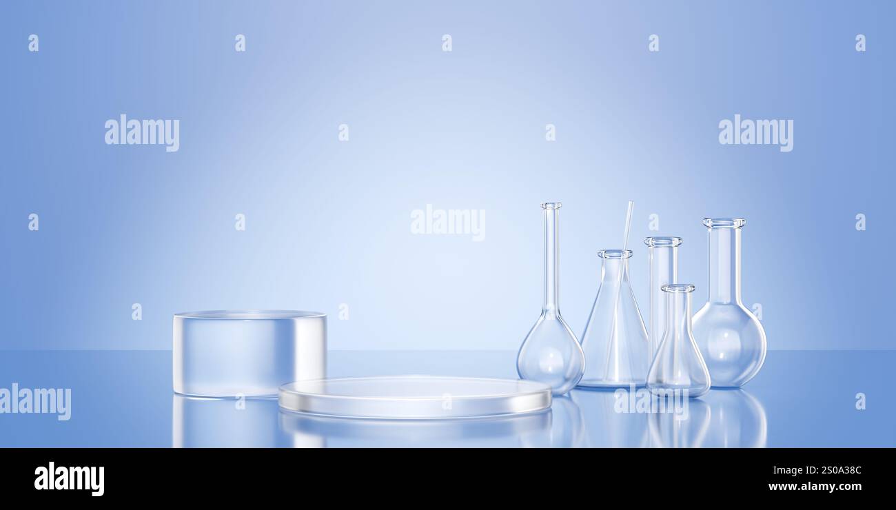 Lab glass research equipment with empty flasks, test tubes near ...