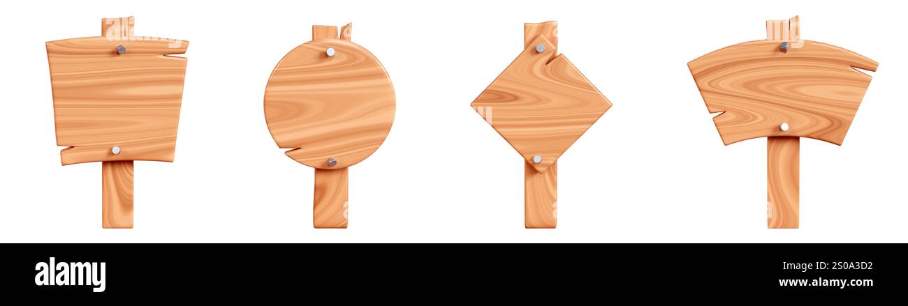 Wood signpost collection with blank plaque shapes. Cartoon 3d render ...