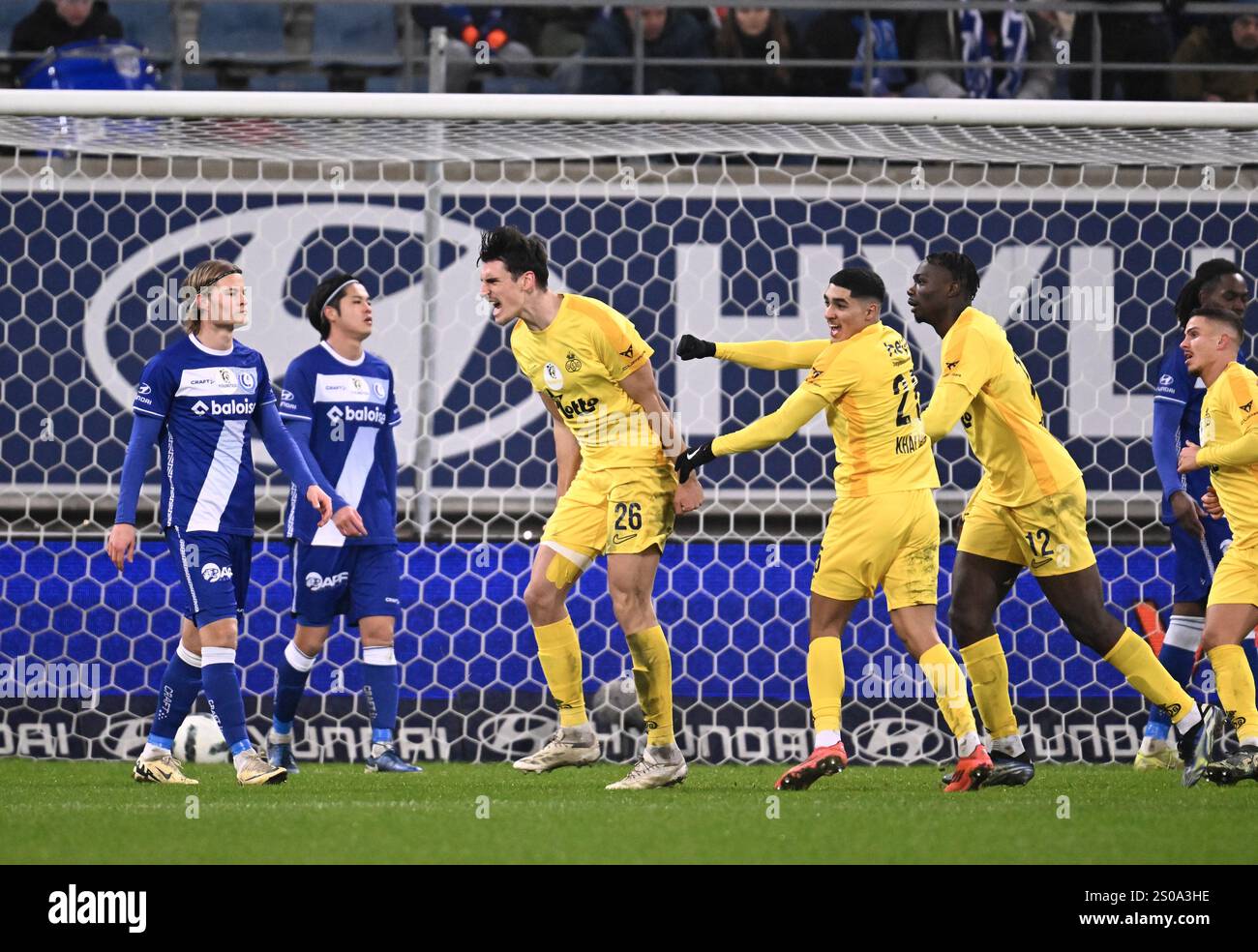 Gent, Belgium. 26th Dec, 2024. Union's Ross Sykes scoring the 0-2 goal ...