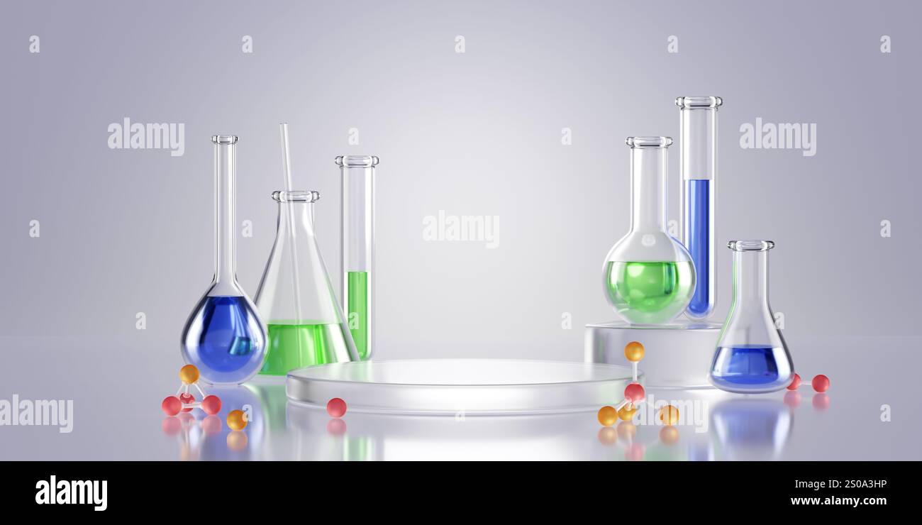 Lab glass composition with flasks containing blue, green liquids near ...