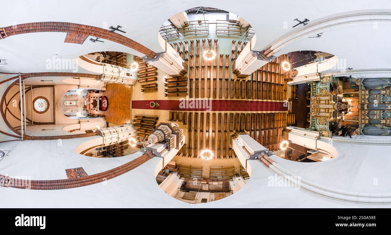 Aerial view of a cathedral interior featuring a central aisle with ...