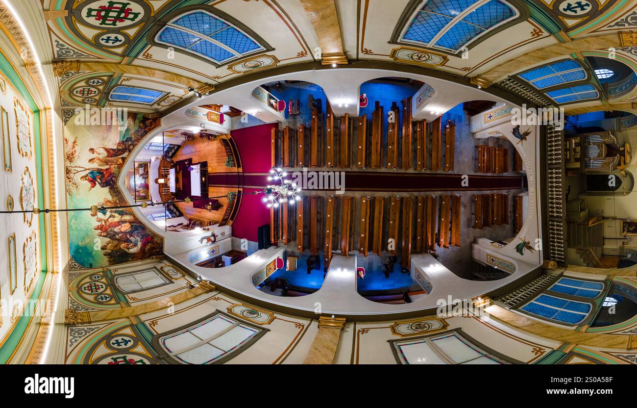 The image captures a fisheye perspective of a cathedral interior ...